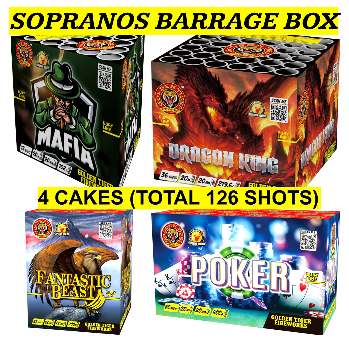 THE SOPRANOS by GOLDEN TIGER FIREWORKS 1.3G LOUD Barrage Pack (4 pieces) – Suki's Fireworks
