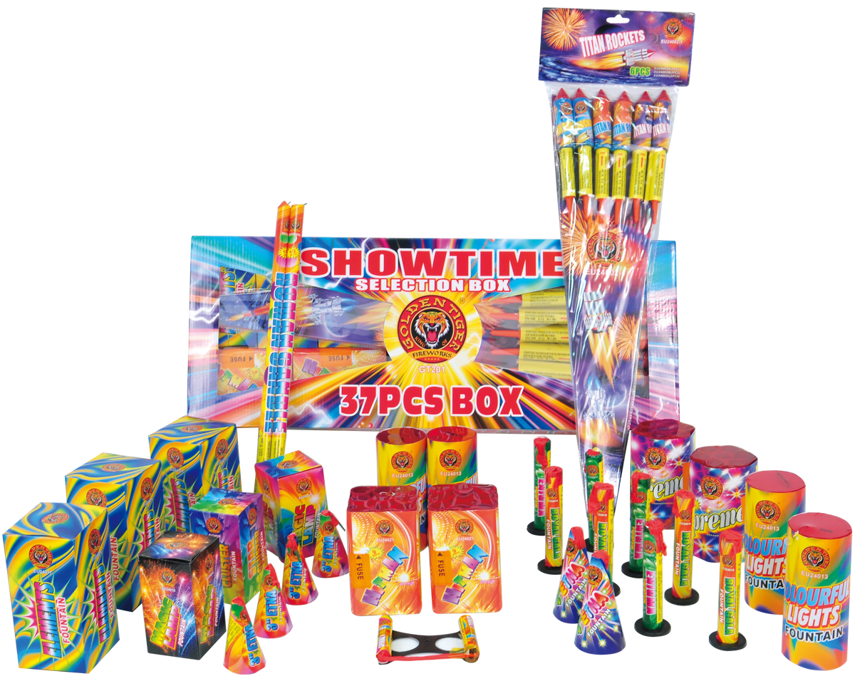 SHOWTIME Box - 37 piece FAMILY BOX | GOLDEN TIGER FIREWORKS WHOLESALE ...